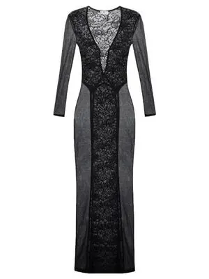 Elisabetta Franchi Long-sleeved Lace And Mesh Maxi Dress With Jeweled V-neck - Black