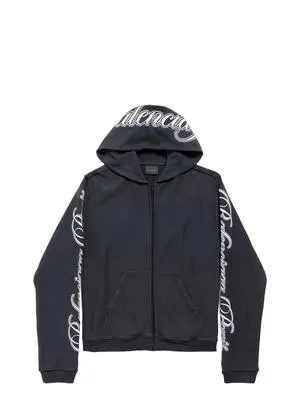 Balenciaga Cursive Embroidered Full Zip Hoodie - Black