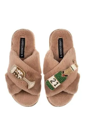 LAINES LONDON Embellished Faux Fur Cross Strap Slippers - Brown