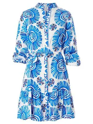 CASA ATELIER BY FERDINANDO FUSCO Linen Shirt Dress With Bali Print - White/blue