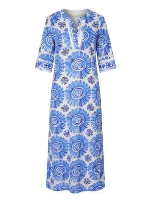 CASA ATELIER BY FERDINANDO FUSCO Bali Print Linen V-neck Caftan - Blue/white