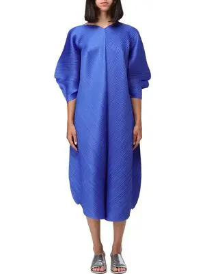 Issey Miyake Pleats Please Issey Miyake Pleated Crêpe Midi Dress With Balloon Sleeves Gnawed Blue