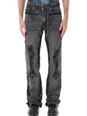 WHO DECIDES WAR Straight Fit Mid-rise Distressed Patchwork Jeans - Denim