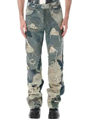 WHO DECIDES WAR Straight Fit Mid-rise Patchwork Distressed Jeans - Denim