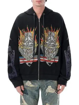 WHO DECIDES WAR Printed Cotton Jersey Zipped Hoodie With Relaxed Fit - Black