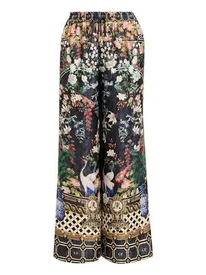Camilla Printed Satin Wide-leg Pants - Navy