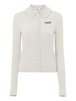 Chloé CHLOÉ 100% Wool Guipure Trim Cardigan With Fabric Covered Buttons Grigio