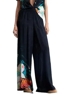 Desigual Tropical Floral Print Wide Leg Trousers - Black