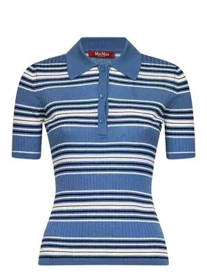 Max Mara Striped Ribbed Knit Polo Shirt - Blue