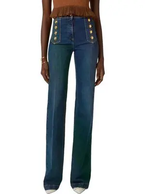 Elisabetta Franchi Tone Button Denim Palazzo Pants - Blue