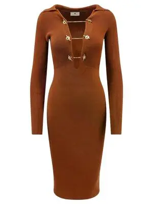 Elisabetta Franchi Ribbed-knit Midi Dress With Gold-tone Hardware - Brown