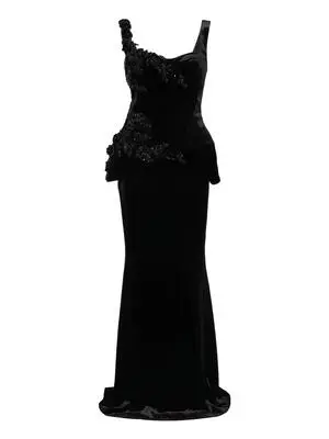 ADAMARIS Velvet Maxi Skirt And Top Set With Floral Beading - Black