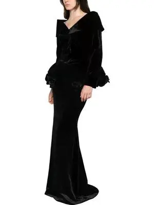 ADAMARIS Velvet Floral Appliqué Maxi Skirt And Top Set - Black