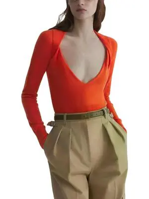 MUGLER Cashmere V-neck Knit Top - Red