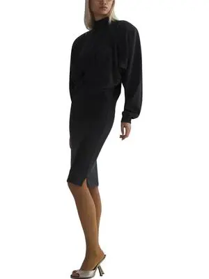 MUGLER Midi Dress With Padded Shoulders And Turtleneck - Black