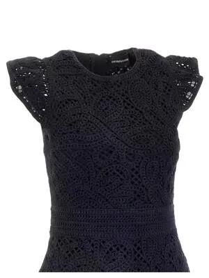 Emporio Armani Crochet-knit Ruffled Mini Dress - Black