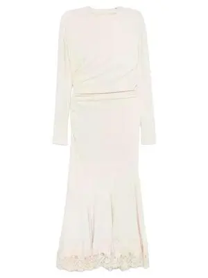 Alberta Ferretti Lace-trim Ruched Midi Dress - Neutrals