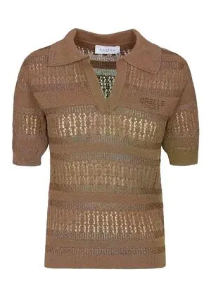 GAELLE PARIS Embroidered Open-knit V-neck T-shirt - Brown