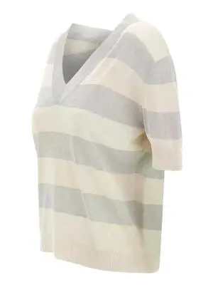 GRAN SASSO Lurex Detail Striped V-neck Sweater - Neutrals