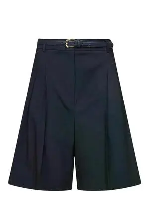 Max Mara Belted Pleated Virgin Wool Shorts - Blue