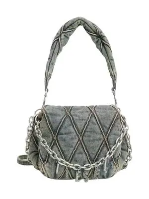 DIESEL® Small Denim Shoulder Bag With Logo Charms - Blue