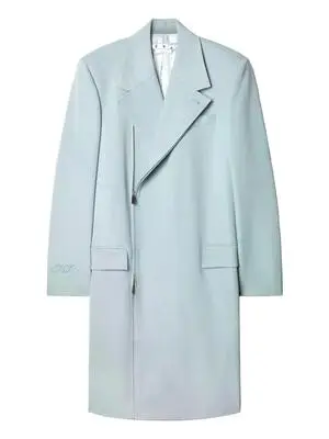 Off-White Virgin Wool Blend Double-breasted Coat With Embroidered Logo - Blue
