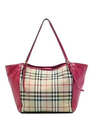 Burberry Haymarket Check Canvas And Leather Tote Bag - Red
