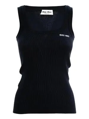 Miu Miu Cotton Knit Scoop Neck Tank Top With Intarsia Logo - Blue