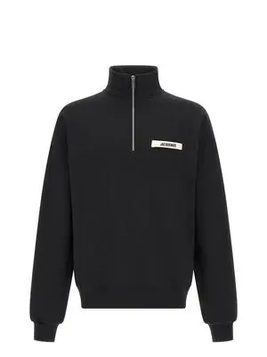Jacquemus Le Camionneur Gros Grain Fleece Sweatshirt With Zip Closure - Black