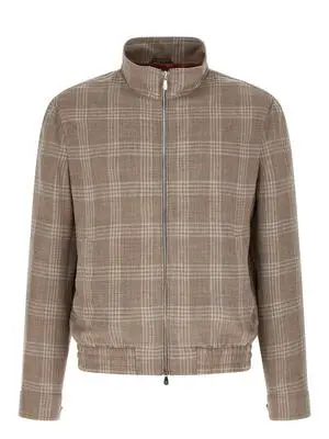 Brunello Cucinelli Checked Wool, Silk, And Linen Jacket - Brown