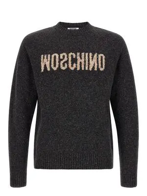 Moschino Mirrored Logo Embroidered Wool Silk Blend Sweater - Gray