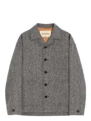Valentino Garavani Shirt Jacket In Boutonné Wool With Vgold - Grey/black