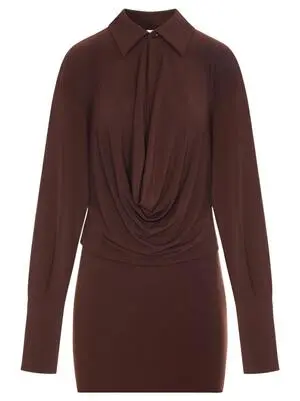 Andamane Deep V-neck Draped Mini Dress - Dark Brown