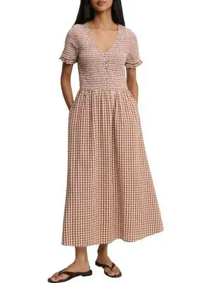 NOBODY'S CHILD Eliza Smocked Gingham Seersucker Maxi Dress - Brown