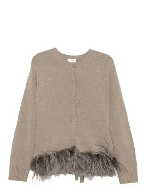 P.a.r.o.s.h Long-sleeved Knitted Cardigan With Feather Trim And Back Tie - Tortora