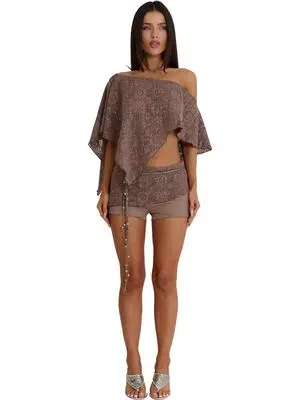 OUTCAST Reece Asymmetrical Off-shoulder Longline Top - Tan