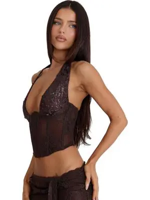 OUTCAST Debbie Sequin Lace Corset Halter Top - Brown