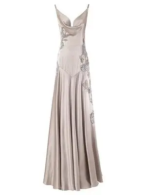 LA FUORI Embellished Silk Satin Gown - Silver