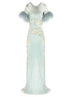 LA FUORI Crystal Feather Embellished Tulle Gown - Blue