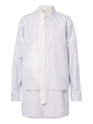 Sacai Layered Striped Cotton-blend Poplin Shirt With Self-tie Neck - White