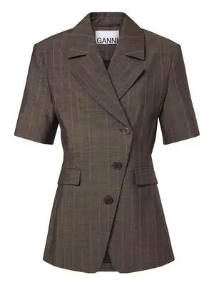 GANNI Striped Wool Blazer - Brown