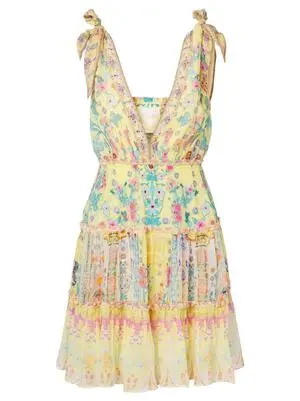 Camilla Tiered Embellished Silk Mini Dress - Yellow