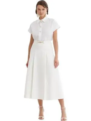 GIZIA Ecru Pleated Midi Skirt With Chain Accessory - Ivory
