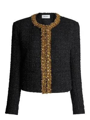 Balmain Embroidered Tweed Jacket With Pearl Embellishments - Black