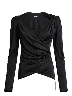 Balmain Draped Flowing Jersey Top With Plunging Neckline - Black