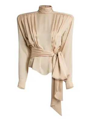 Balmain Silk Chiffon Blouse With Padded Shoulders And Tie - Beige