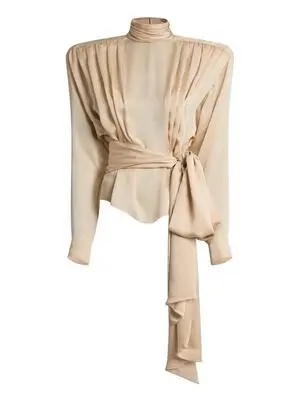 Balmain Silk Chiffon Blouse With Padded Shoulders And Tie - Beige