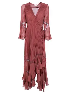 TWINSET Long Sleeve Pleated Midi Dress - Brown