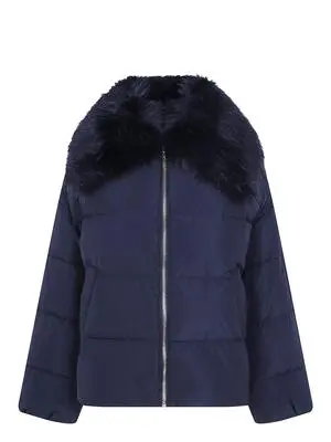 TWINSET Faux Fur Neck Puffer Jacket - Black
