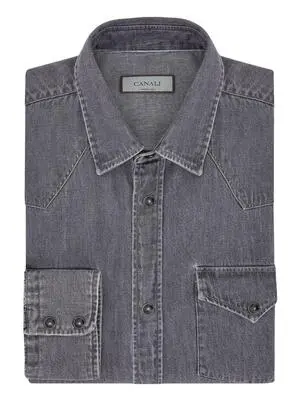 Canali Gray Stonewashed Cotton Denim Regular-fit Western Shirt - Grey